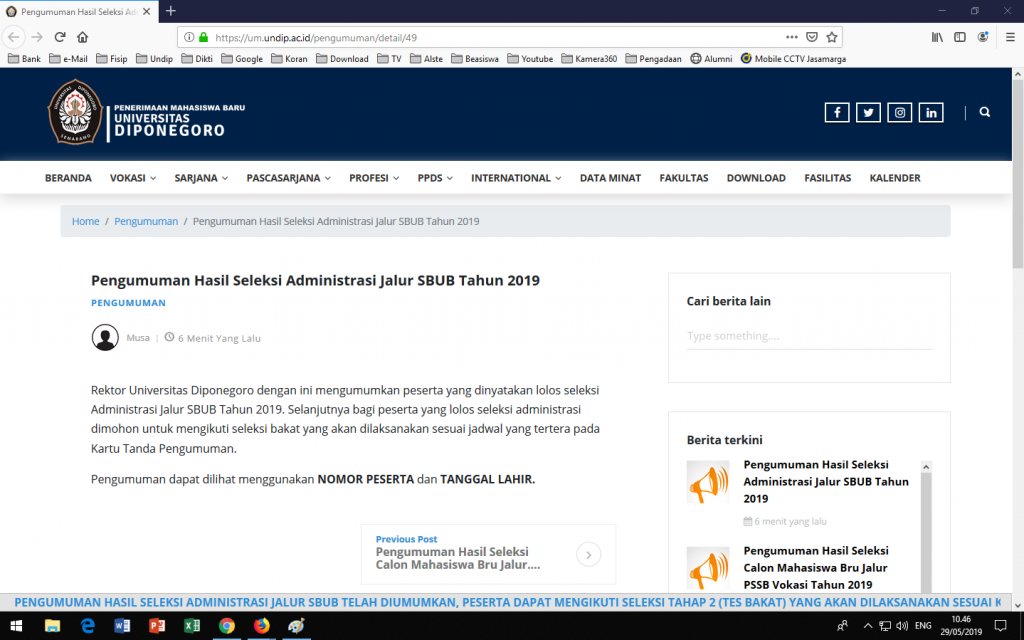 Pengumuman Hasil Seleksi Administrasi Jalur SBUB Tahun 2019 - Faculty ...